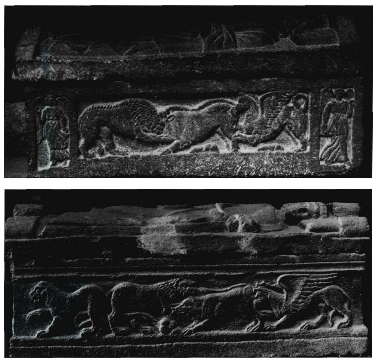 Sarcophagus depicting a lion and a griffin attacking a boar,
