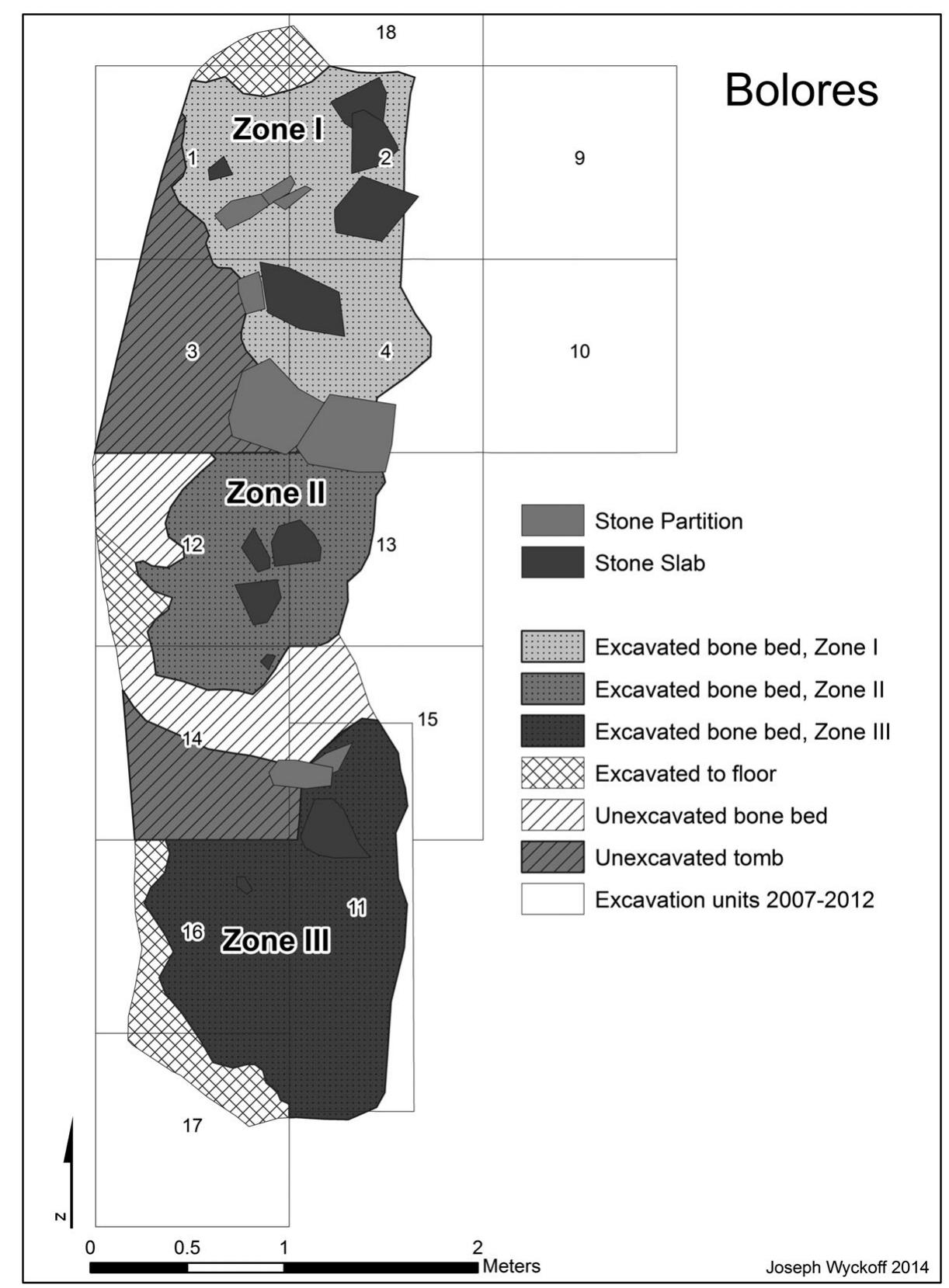 Map of bolores tomb, showing stone partitions and zones