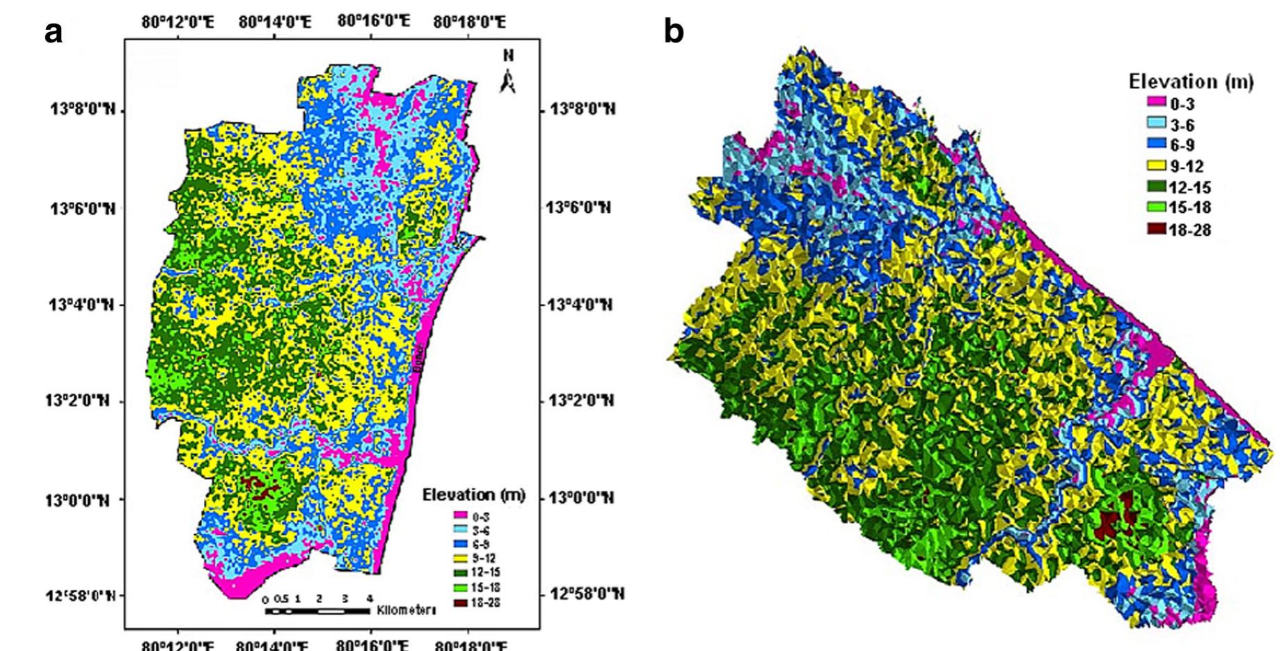 Digital elevation model of chennai city. a 2d. b 3d