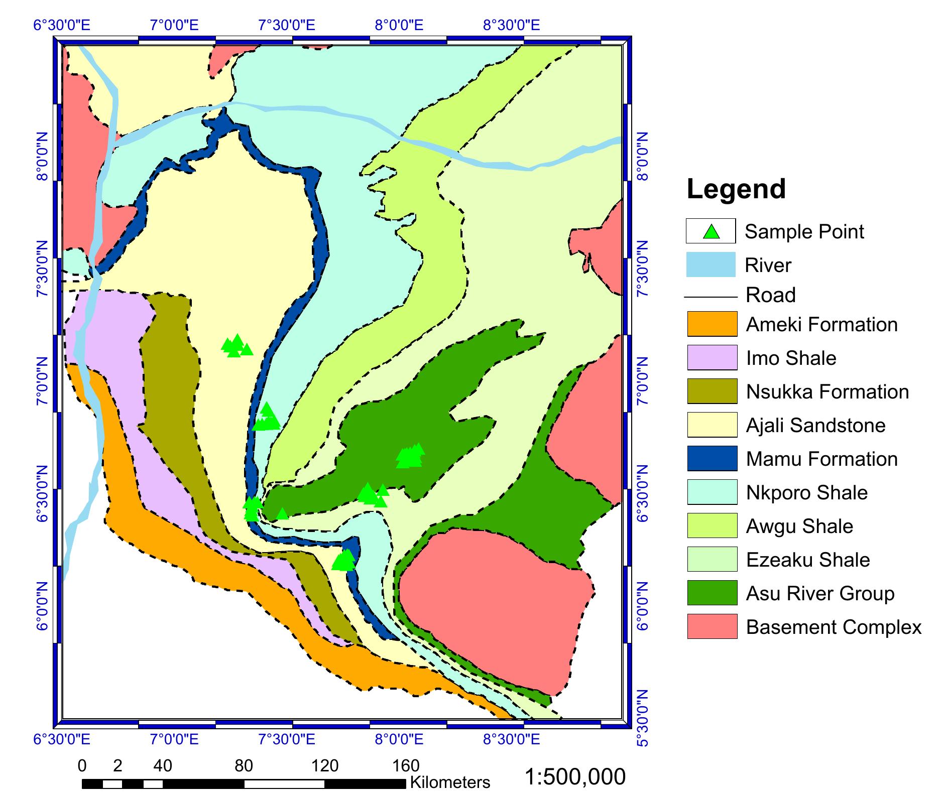 Geologic map of the study area with sample points inserted