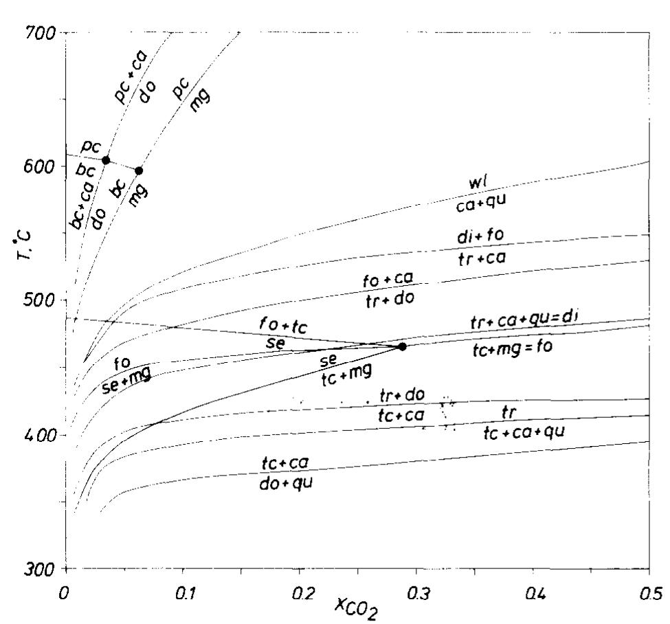 Temperature versus co, mole fraction diagram for mineral