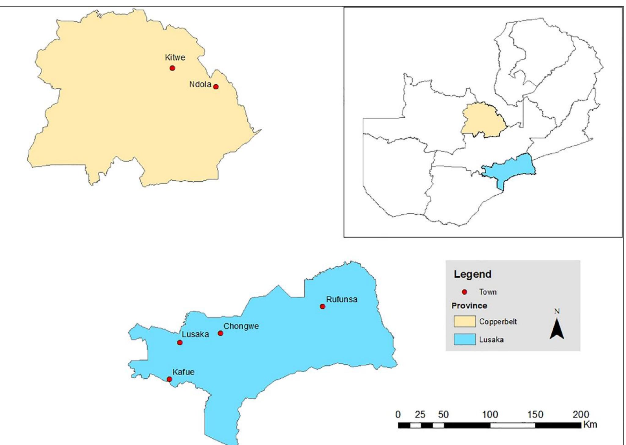Map of zambia indicating the study sites in lusaka and
