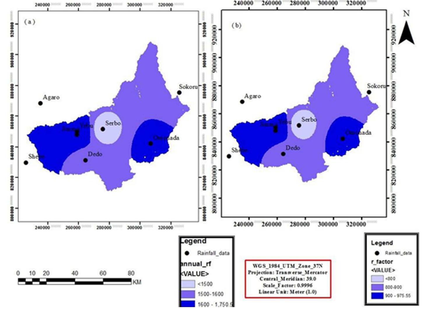 Map showing mean annual rainfall (a) and rainfall erosivity