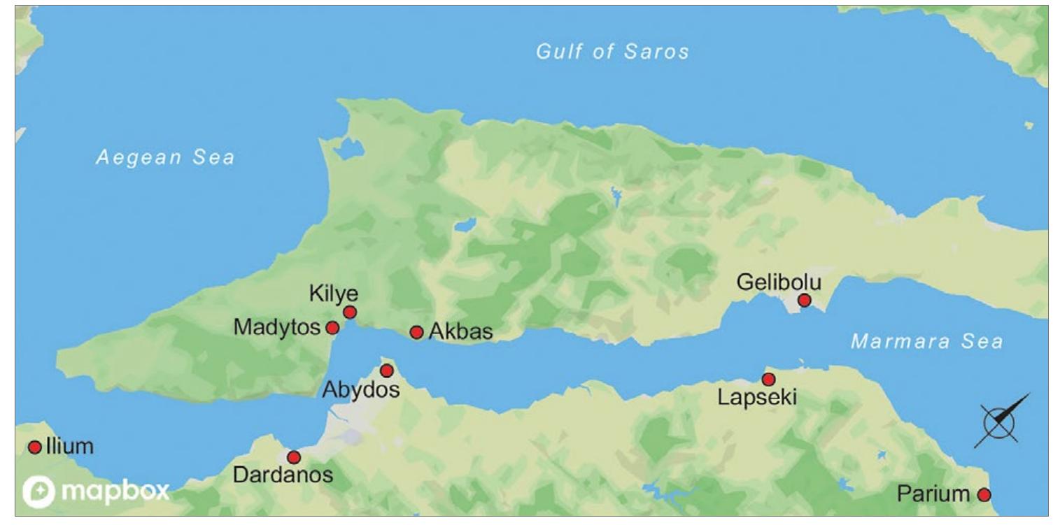 Map of the hellespont showing locations of sites mentioned