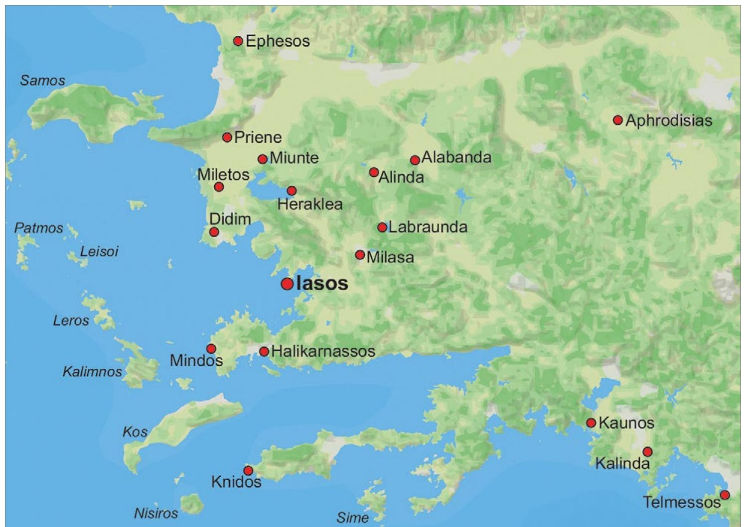 Map of karia showing the location of lasos on the coast