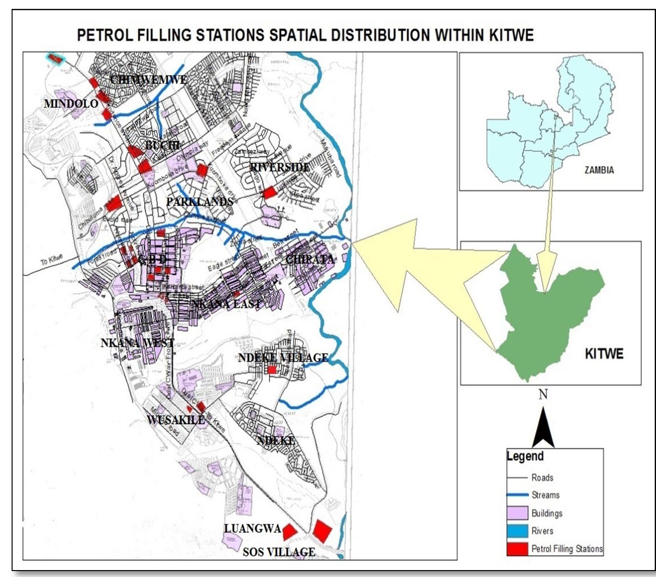 Map of kitwe showing distribution of filling stations