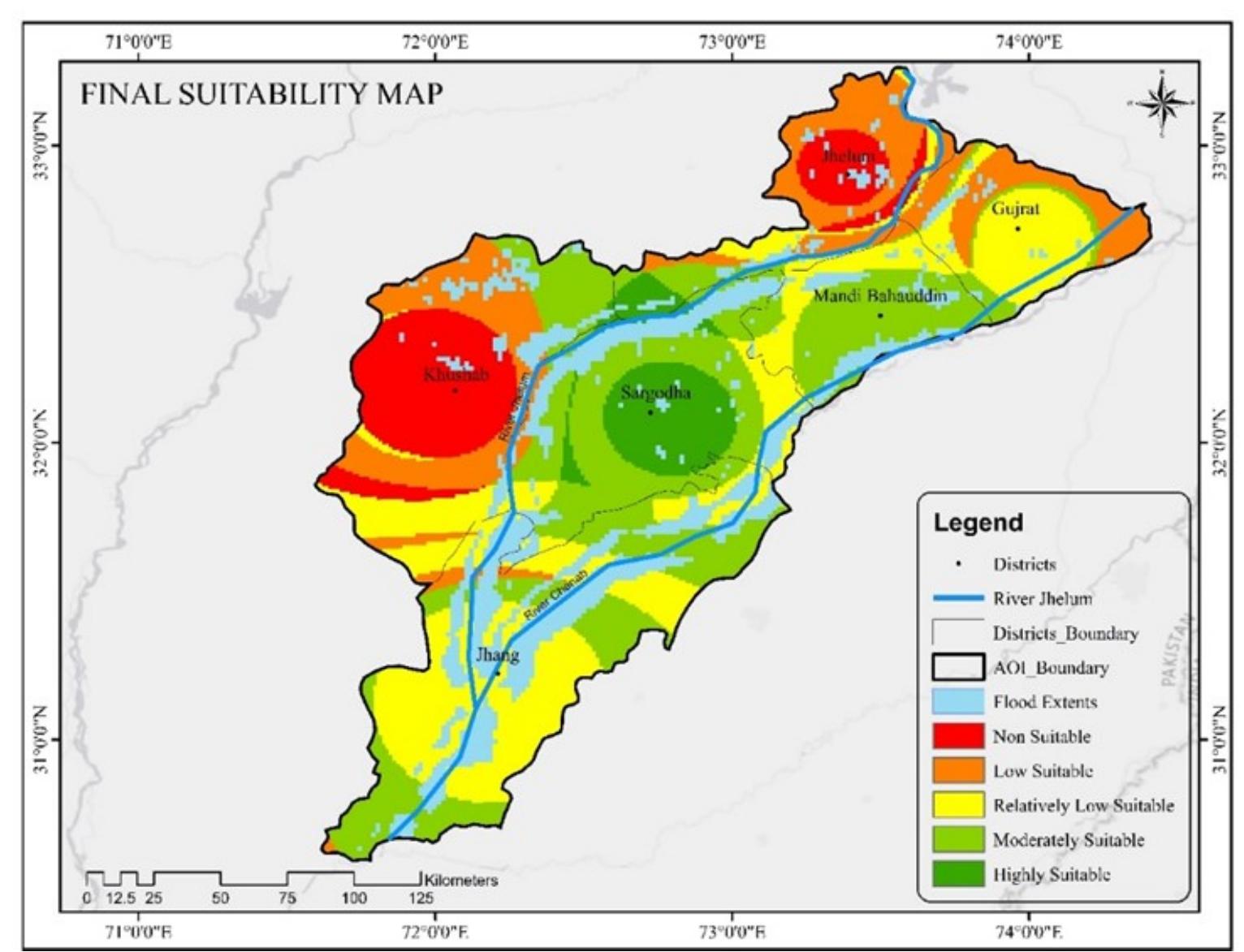 Final suitability map showing districts along river jhelum.