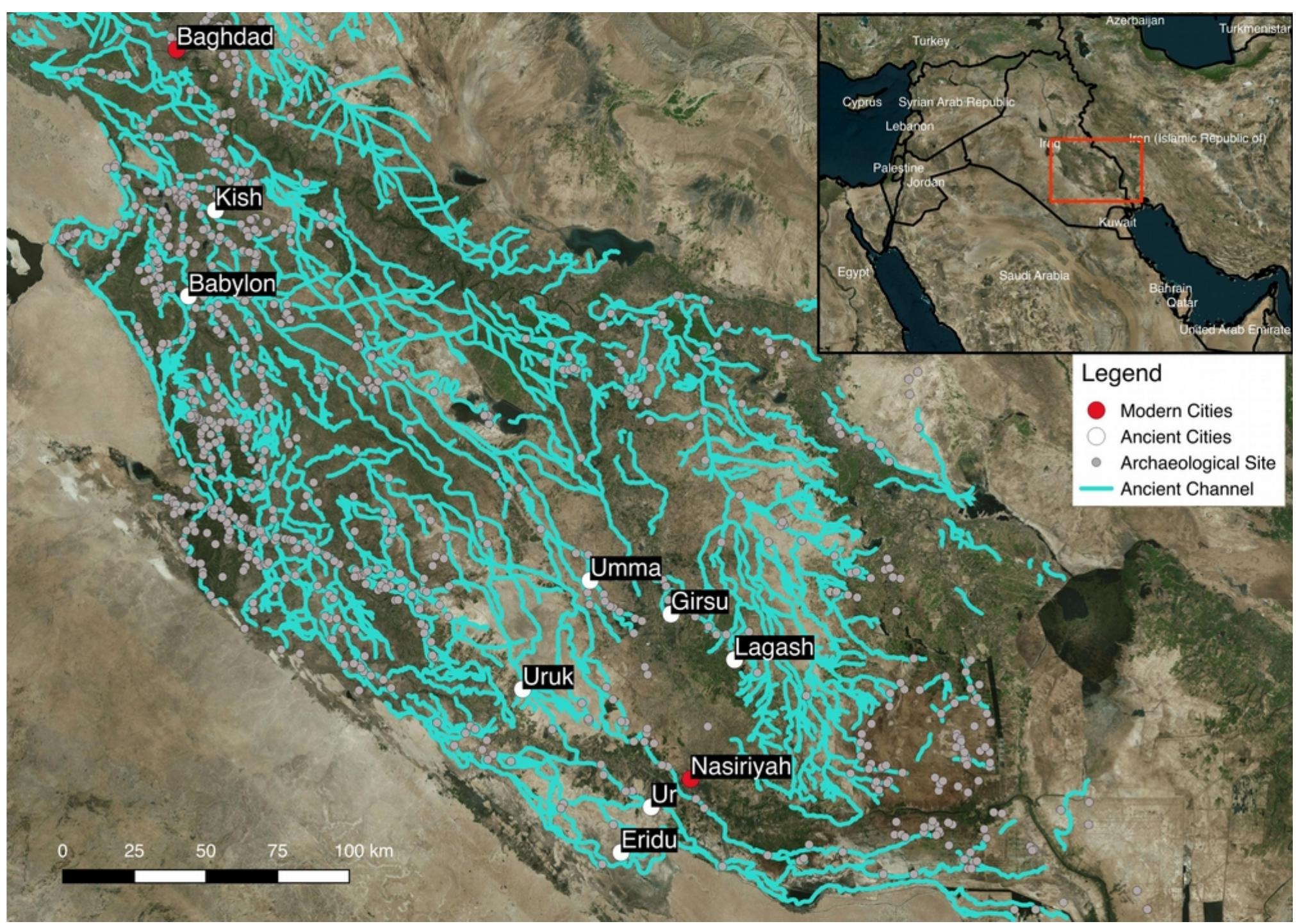 Map of southern iraq, showing ancient sites and channels