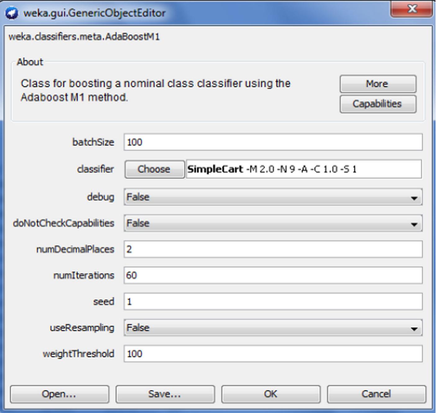 Configuration of the adaboostm1 algorithm cases, the number