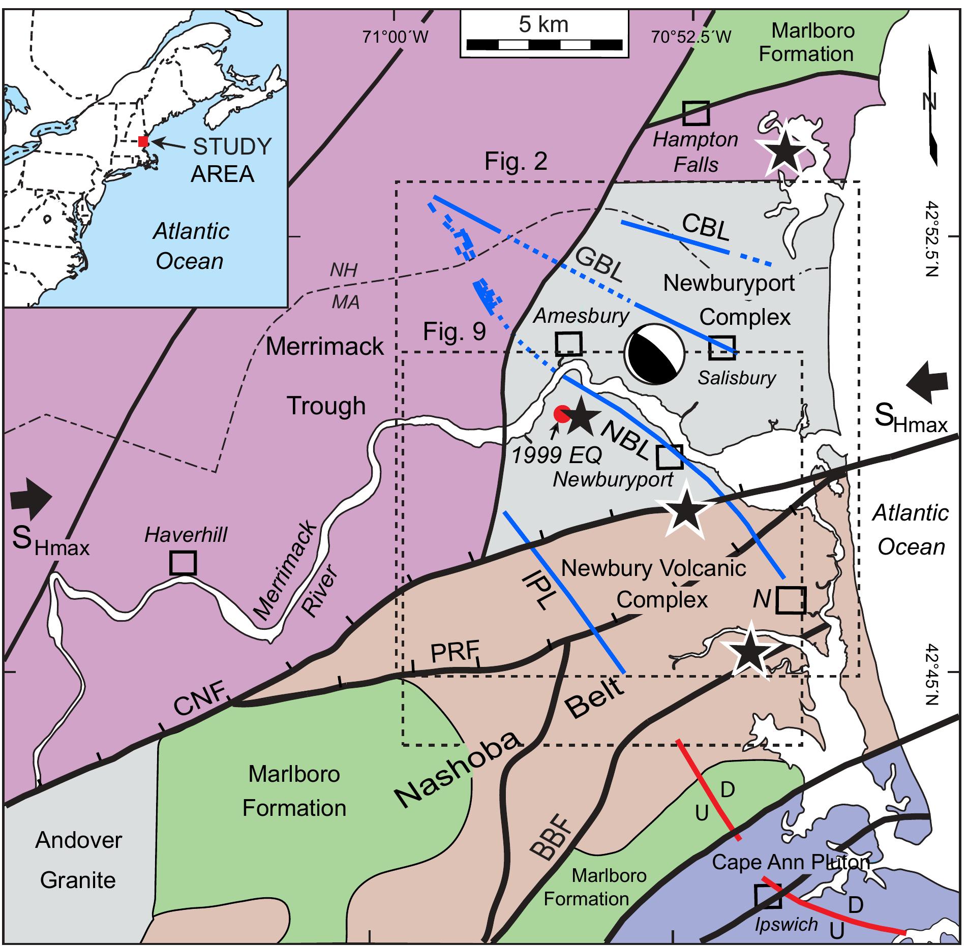 Map of paleozoic faults (solid lines) and bedrock units