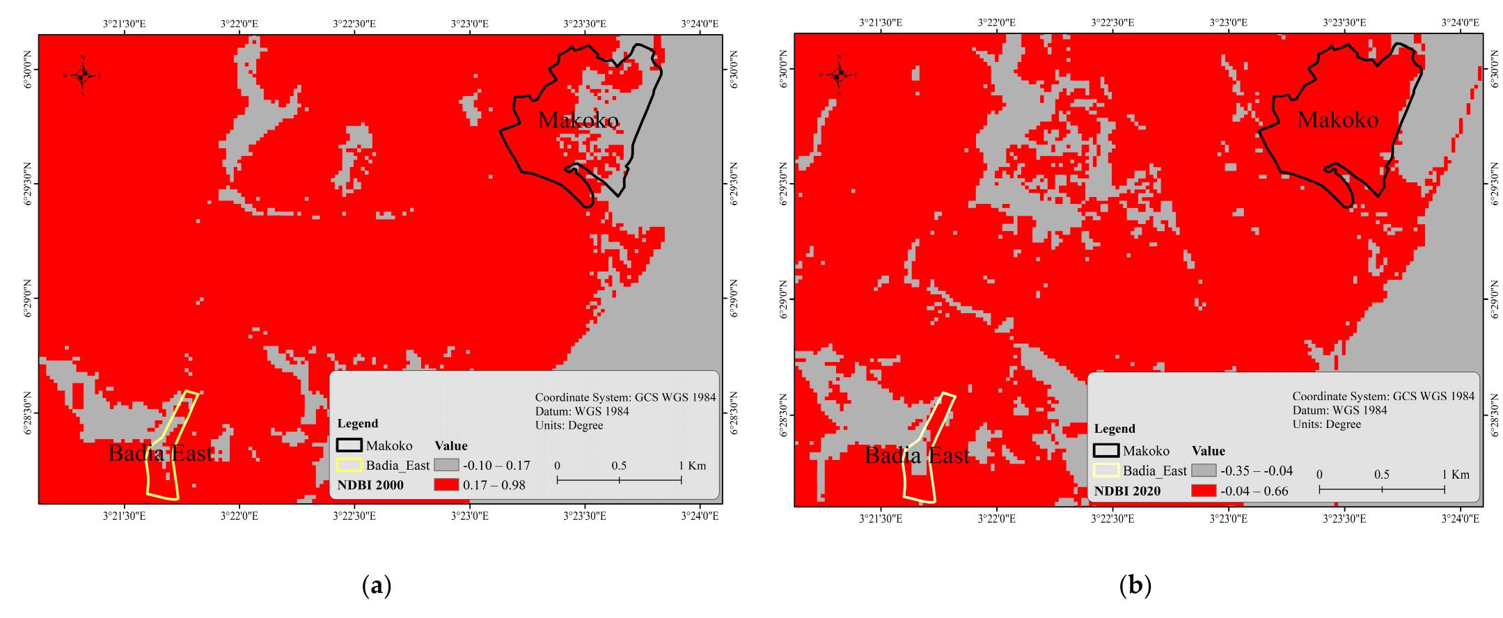 (a) map of makoko and badia-east areas according to ndbi