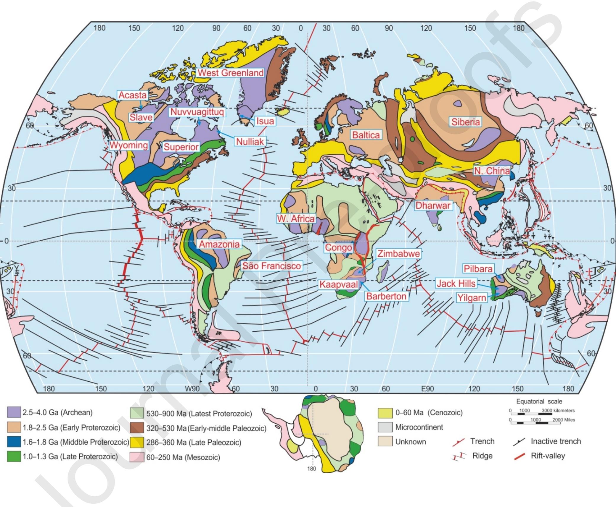 Map of the world showing distribution of crust of various