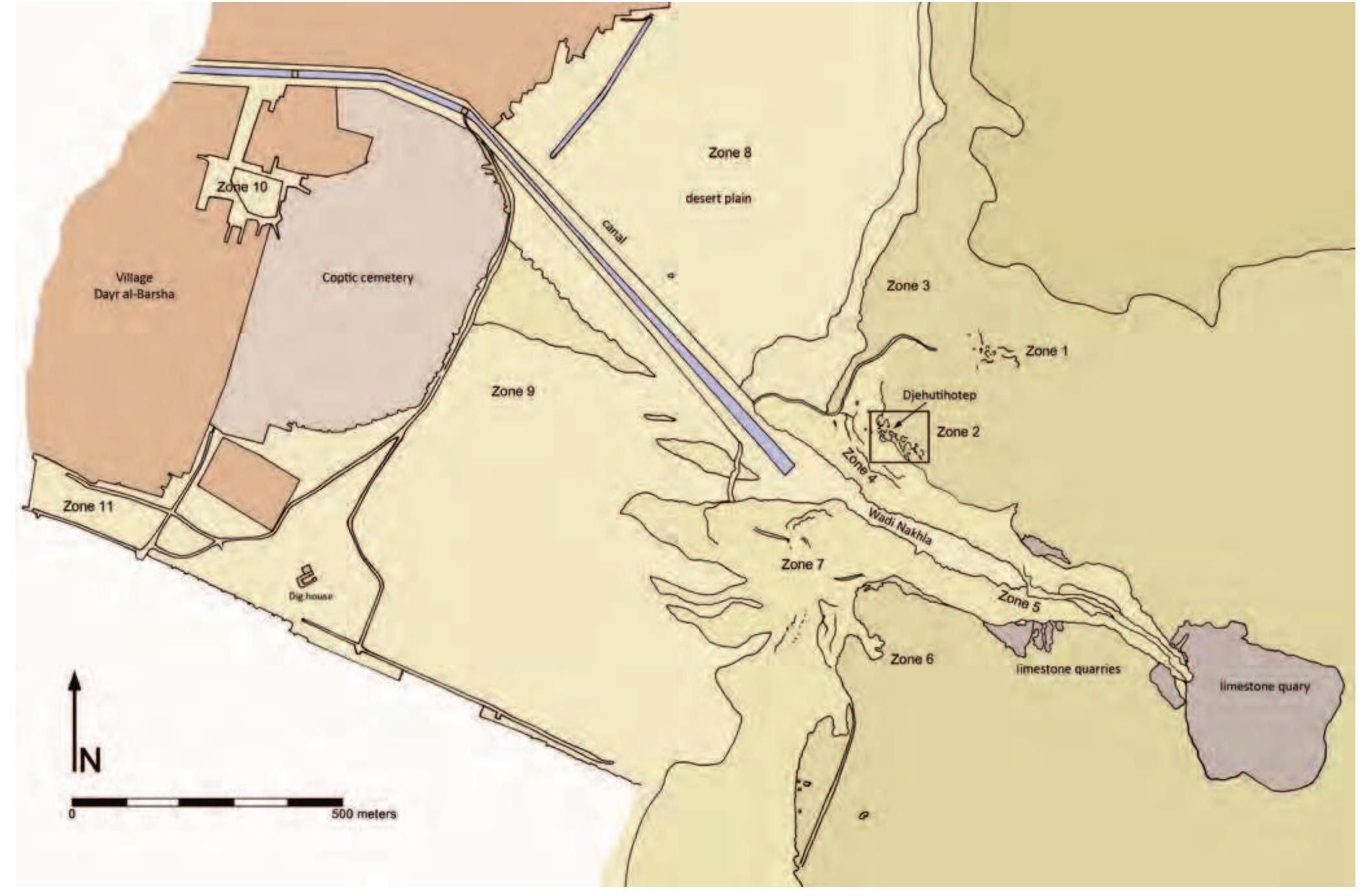 Map of deir el-bersha indicating the different zones (© dayr