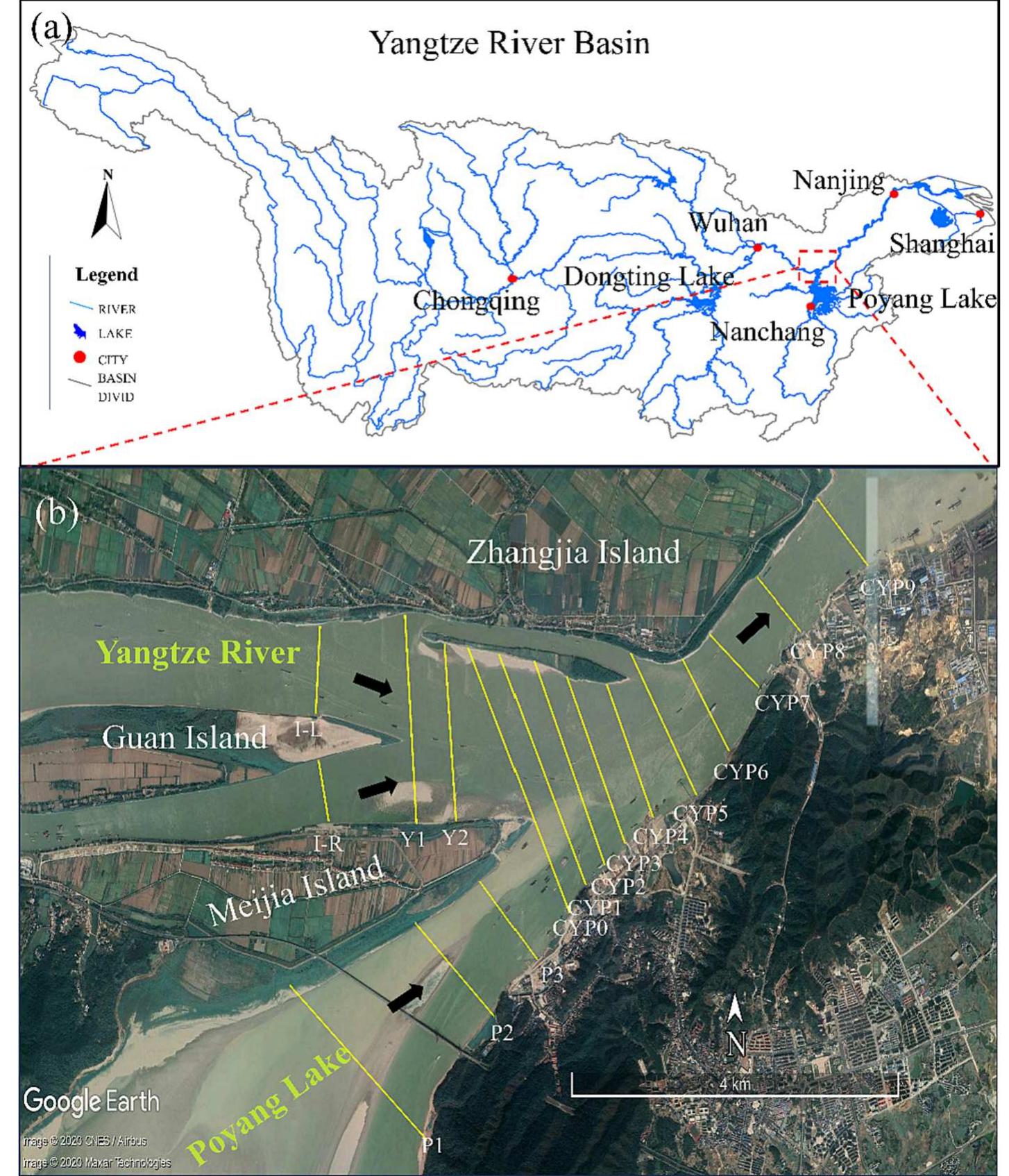 Map of the study reach of (a) the yangtze river basin and