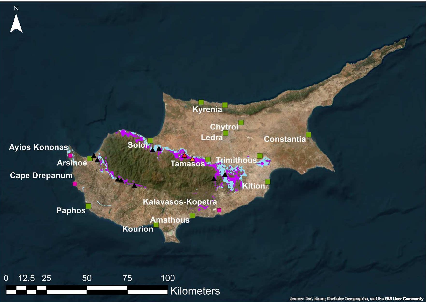 The map of cyprus, indicating the location of slag heaps