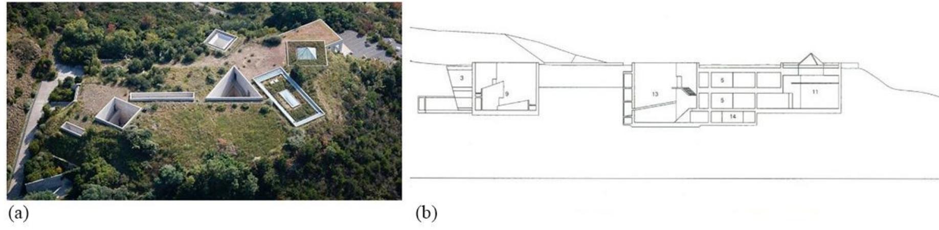 (a) chichu art museum by tadao ando, (b) the section drawing