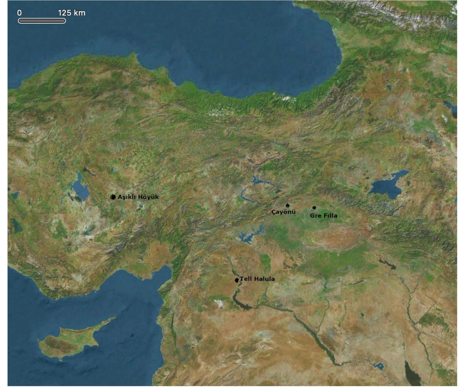 Map showing the locations of gre filla, cayonii, tell halula