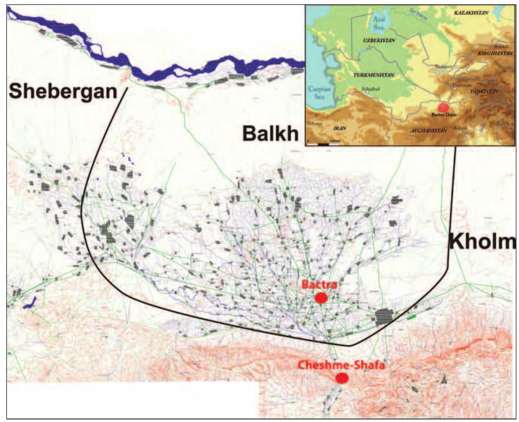 Map of bactra oasis with the location of bactra and