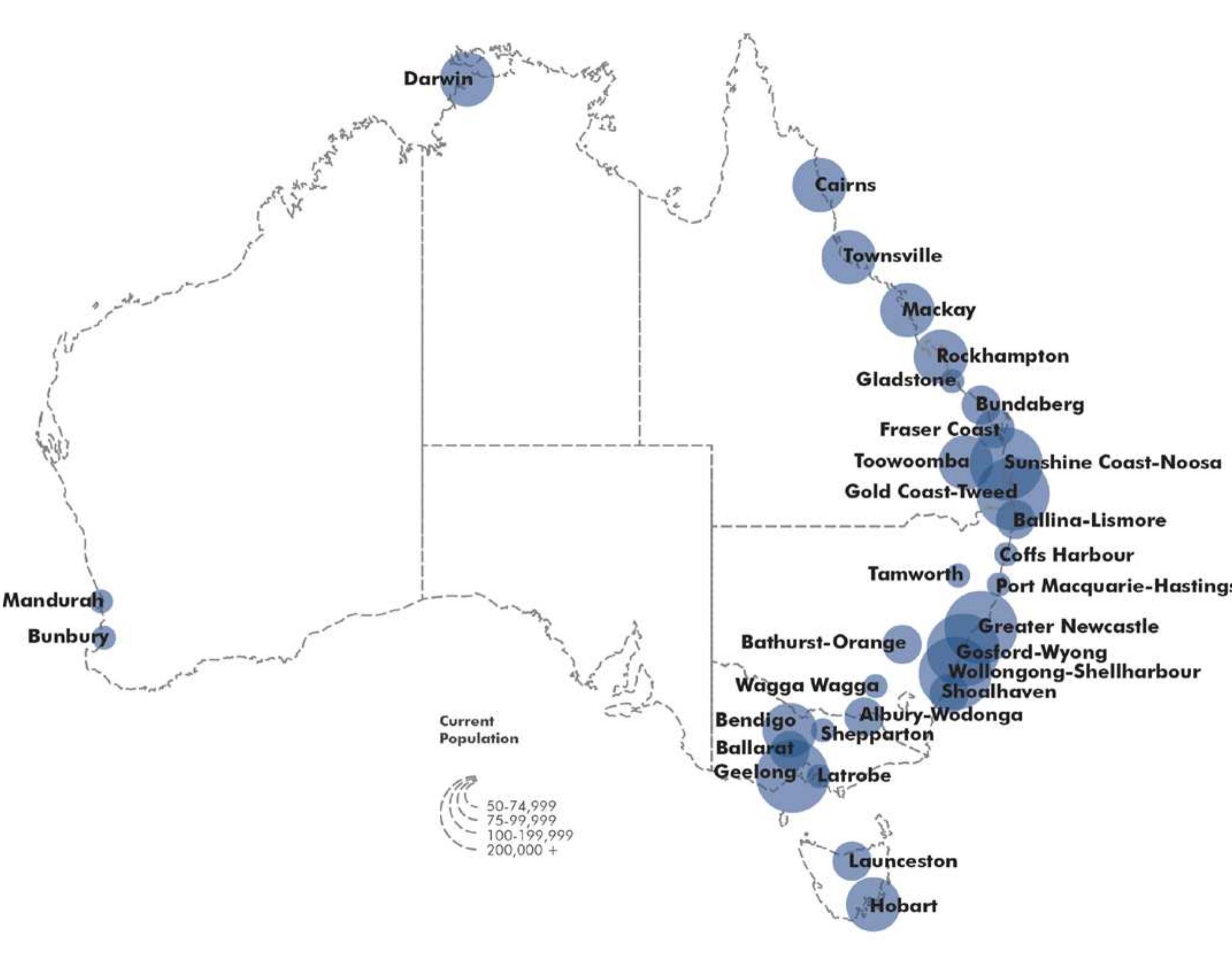 Map of 31 regional cities by population size and growth