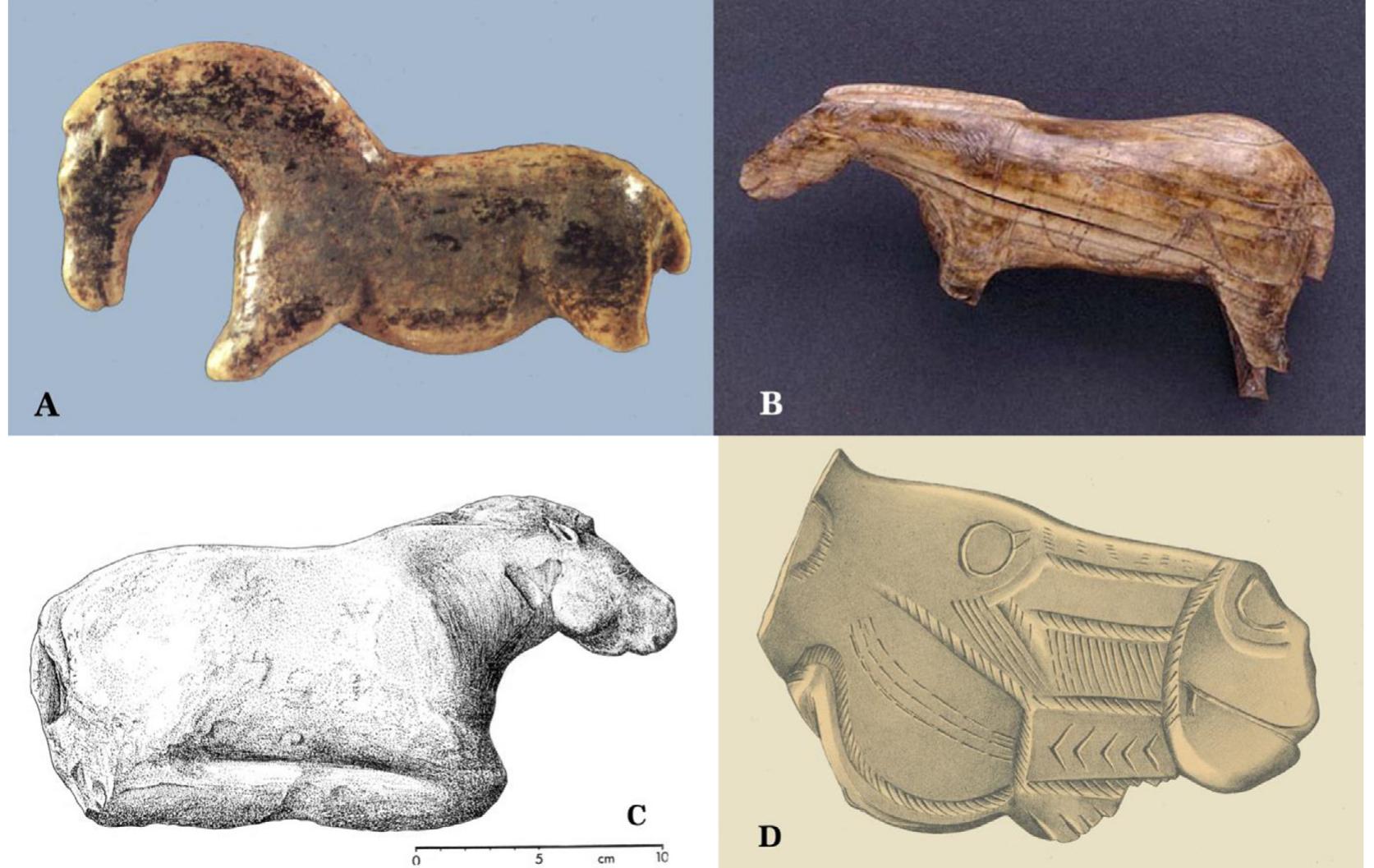Examples of horses in portable art. a. ivory statuette from