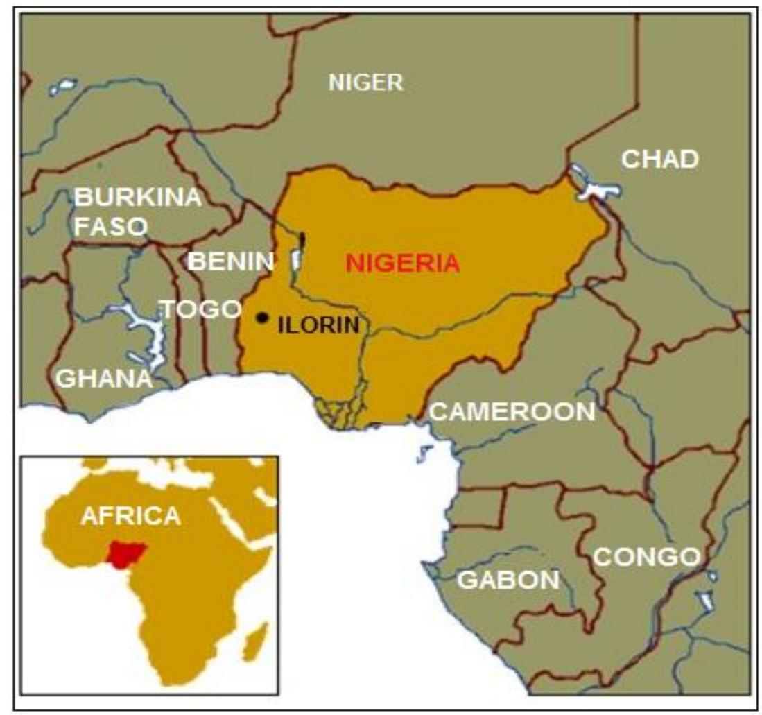 Map of nigeria showing ilorin city. various energy levels to