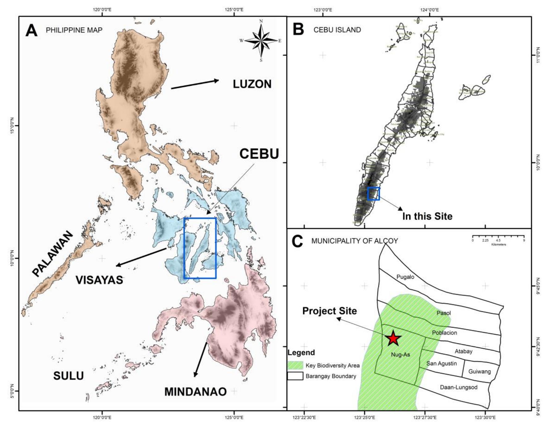 The philippine map showing cebu island, and the study sites