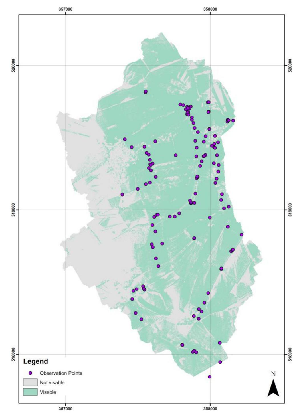 Catchment map showing observed locations (purple dots) and