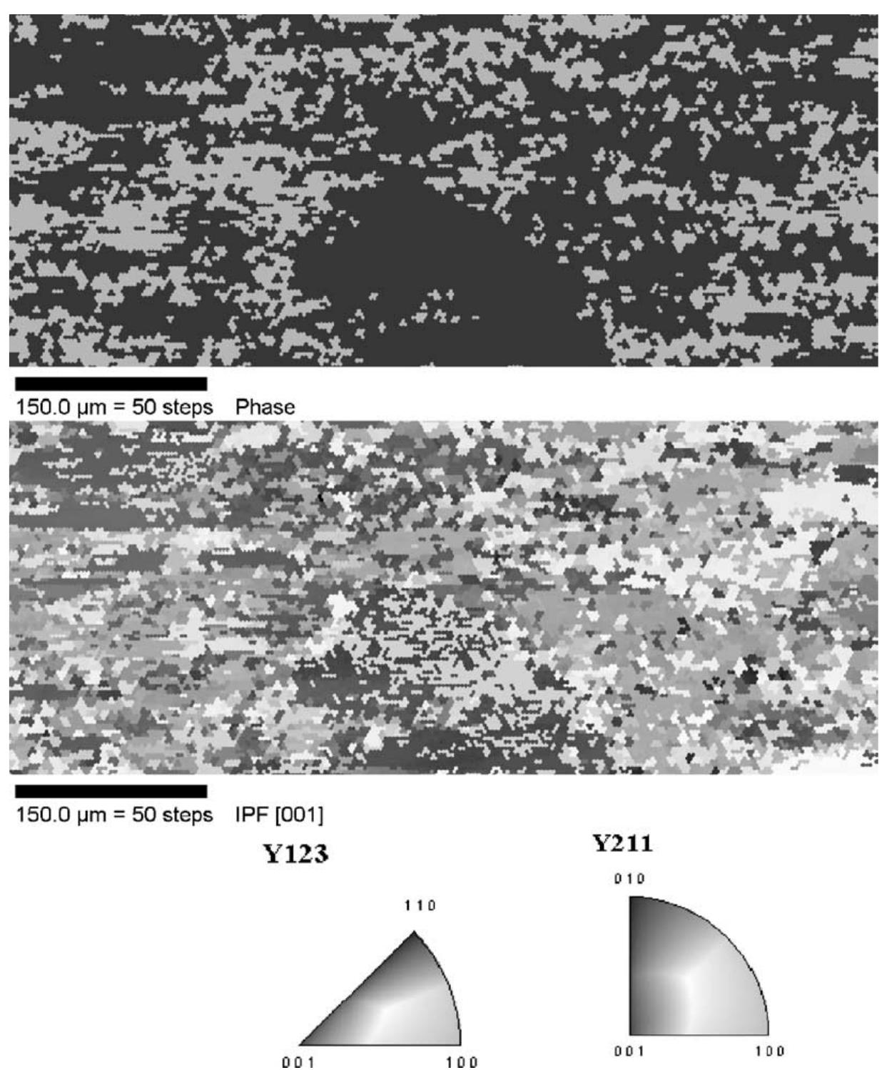 Phase map (upper map) and inverse pole figure map (lower