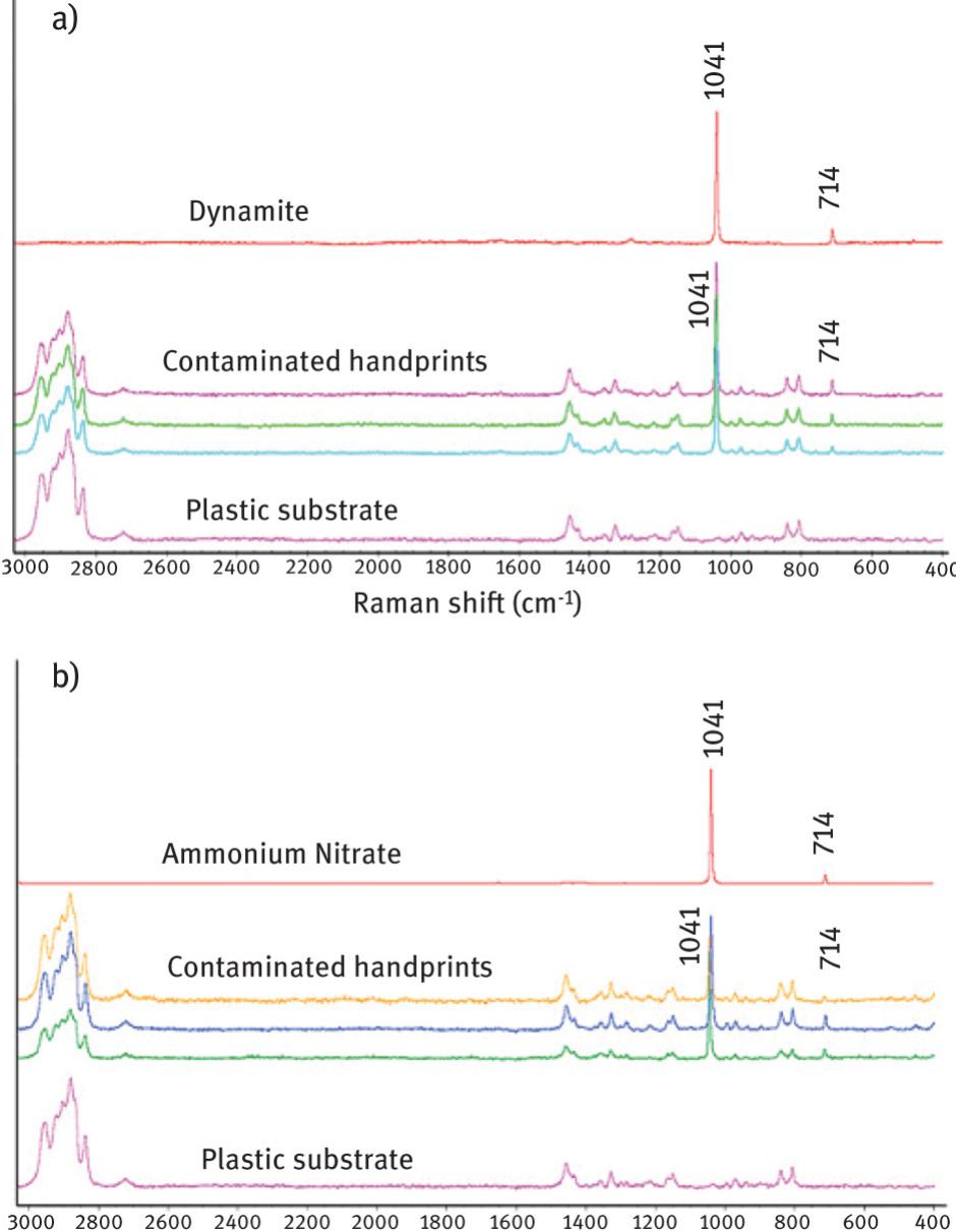 Dynamite and ammonium nitrate identification in handprints.