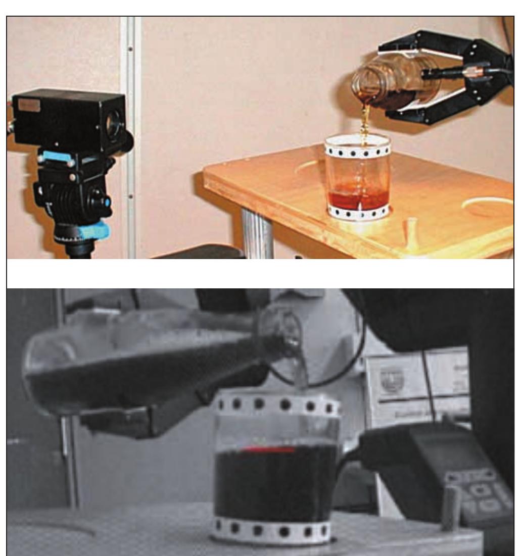 Pouring a glass: external (top) and camera (bottom) view.