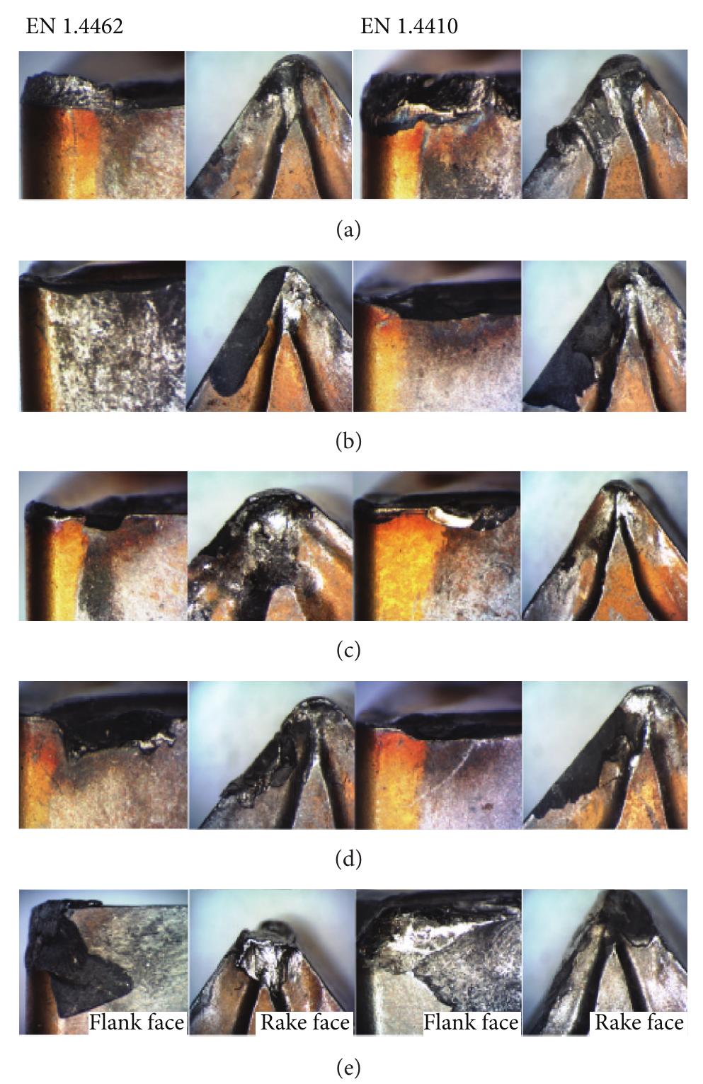 Wear patterns observed on the flank and rake face of cutting