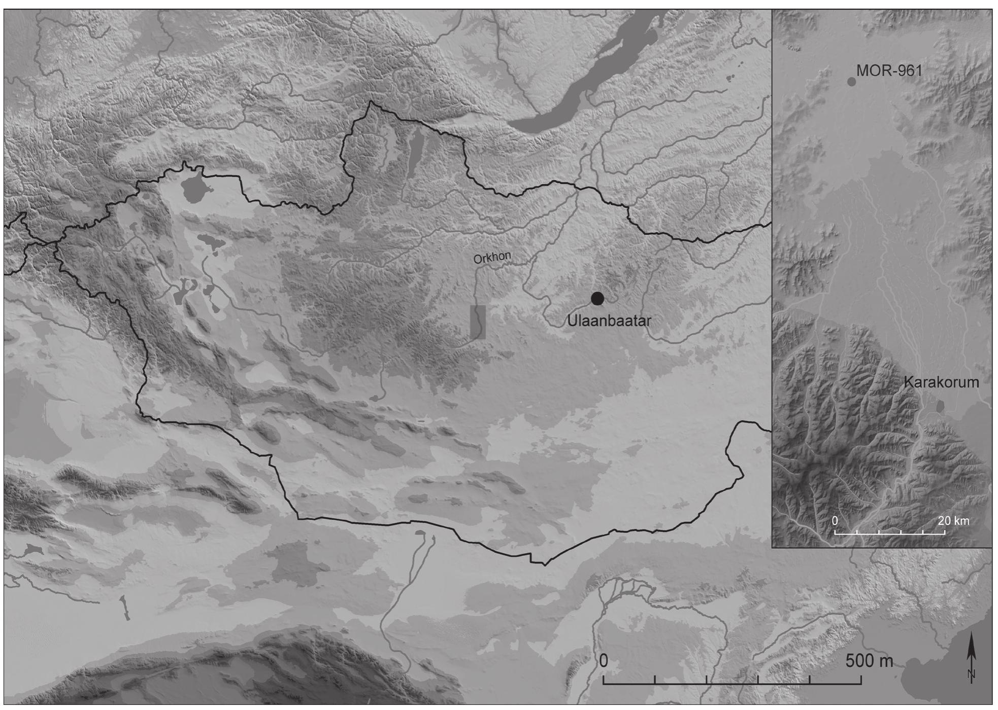 Map of mongolia with an inserted map of the middle orkhon