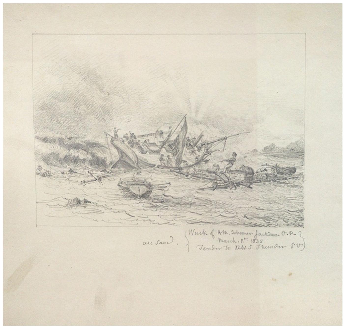 All saved. pencil drawing of the wreck of hms jackdaw on the
