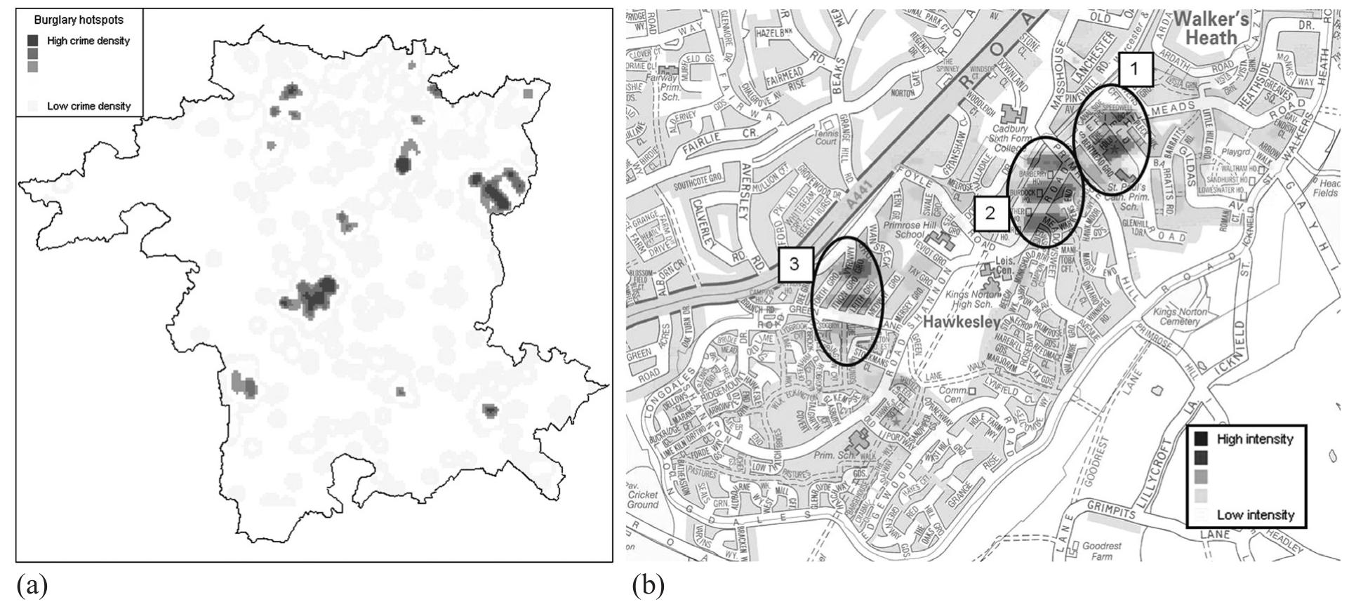 Examples of kernel density hotspot maps of crime, as