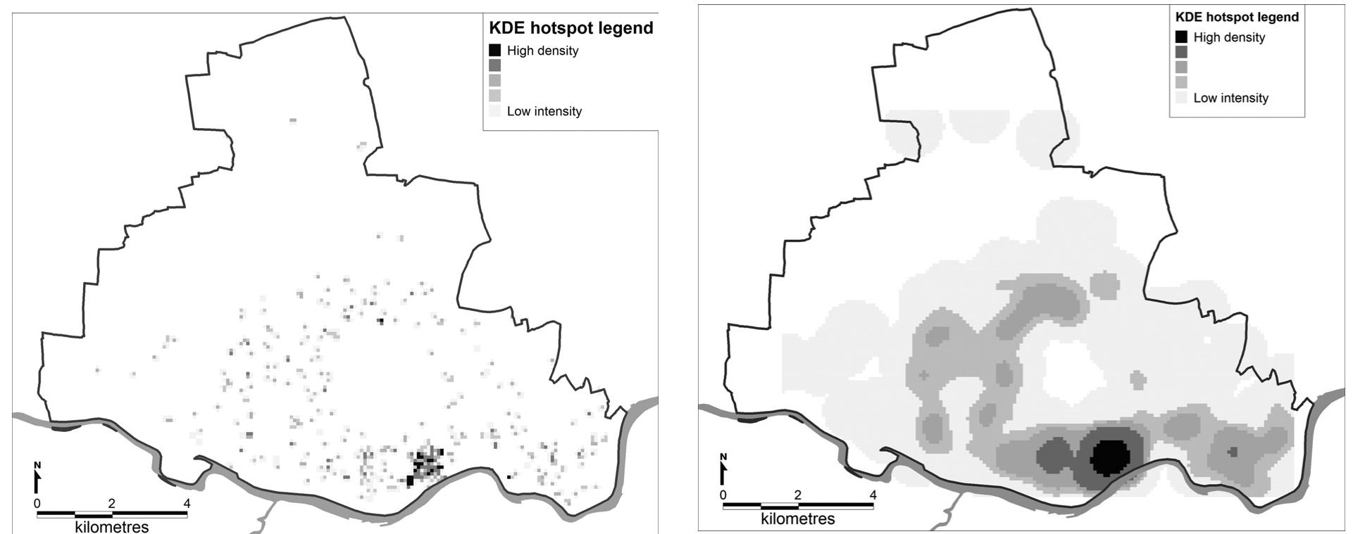 A comparison of kde hotspot maps generated using the same