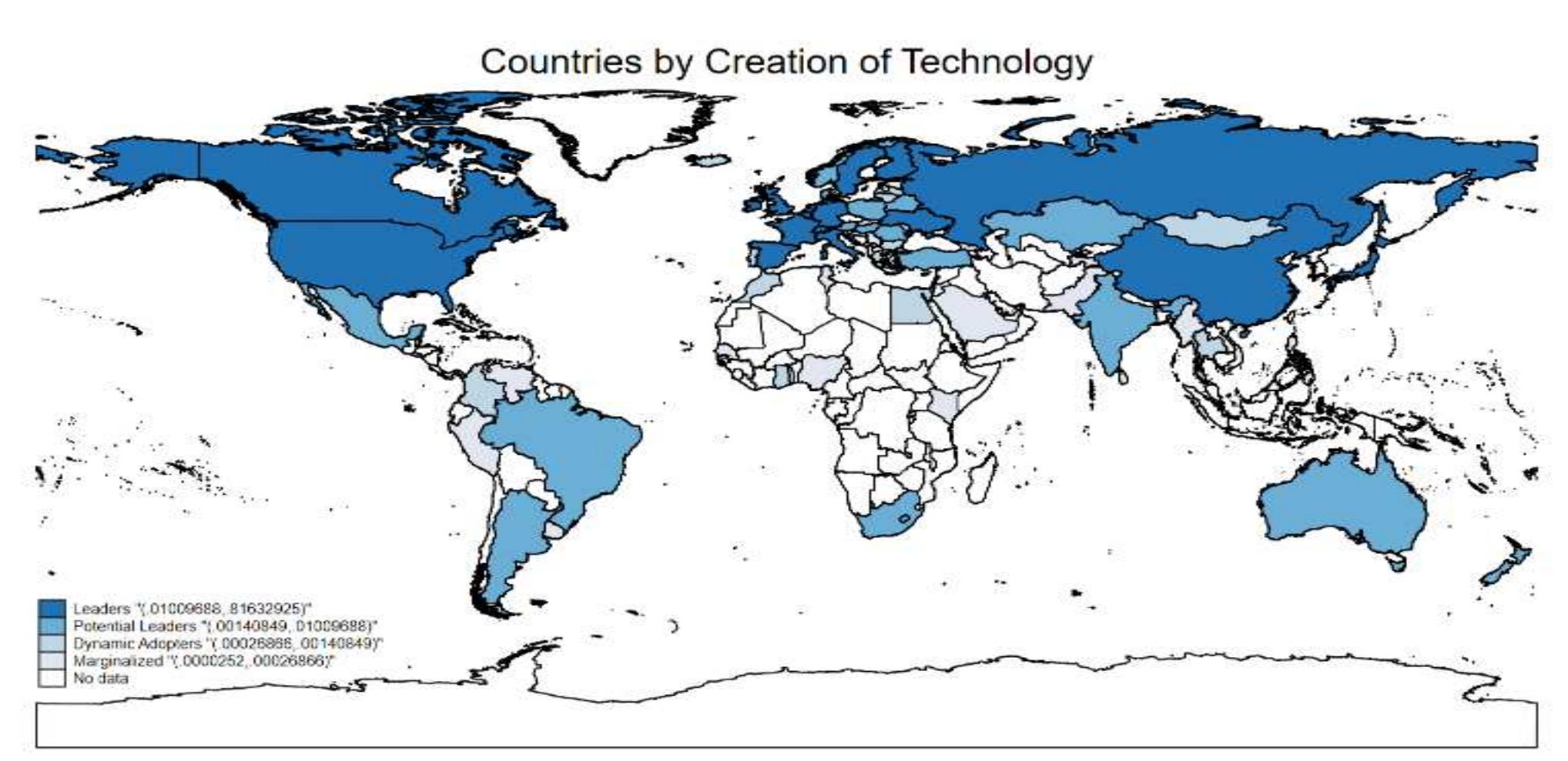 Mapping of countries by creation of technology