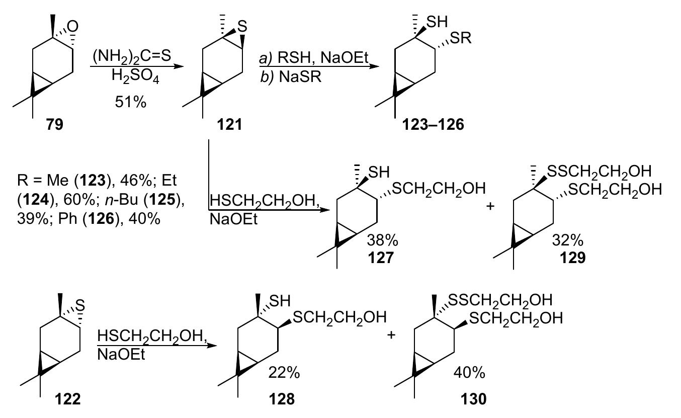 Sulfenylation of carane thiiranes 121 and 122.