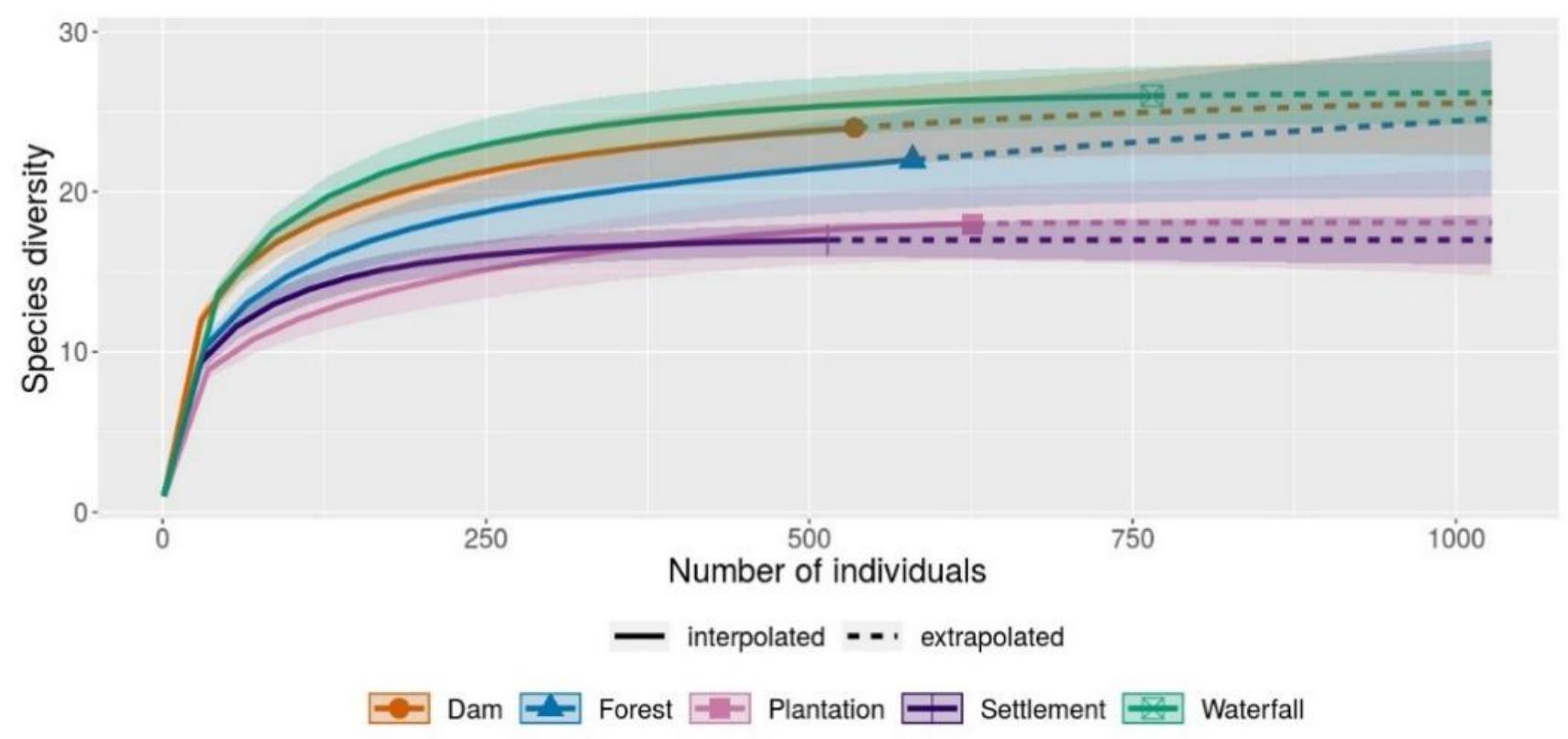 The interpolation-extrapolation rarefaction curve for each