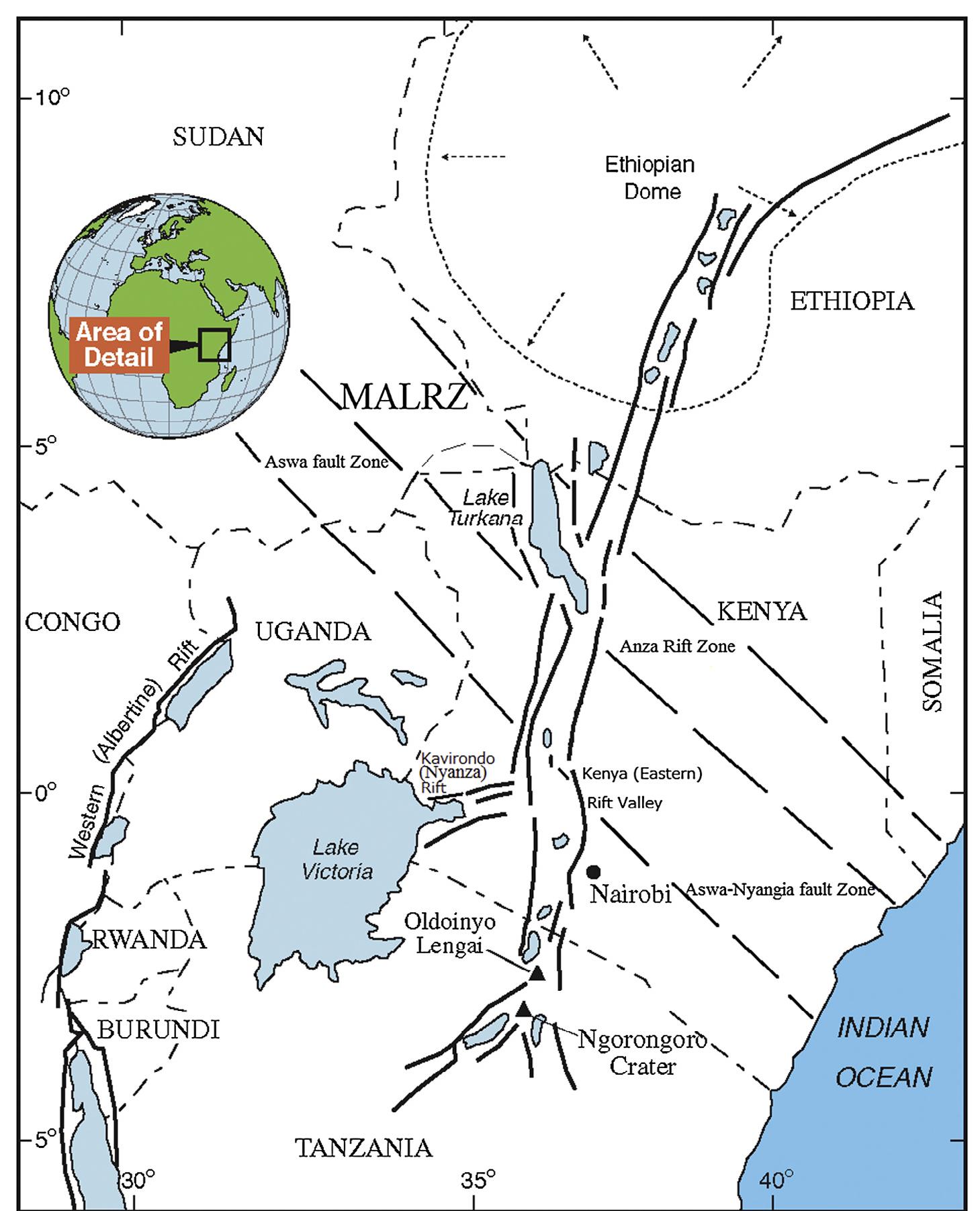 Map of kenya showing the nne-ssw kenya rift valley and nw-se