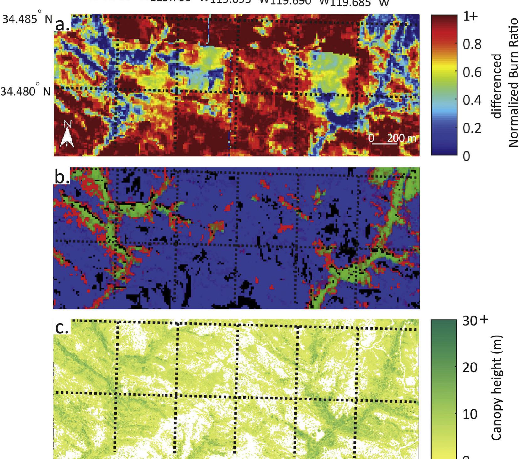 A) hyperspectral differenced normalized burn ratio and b)