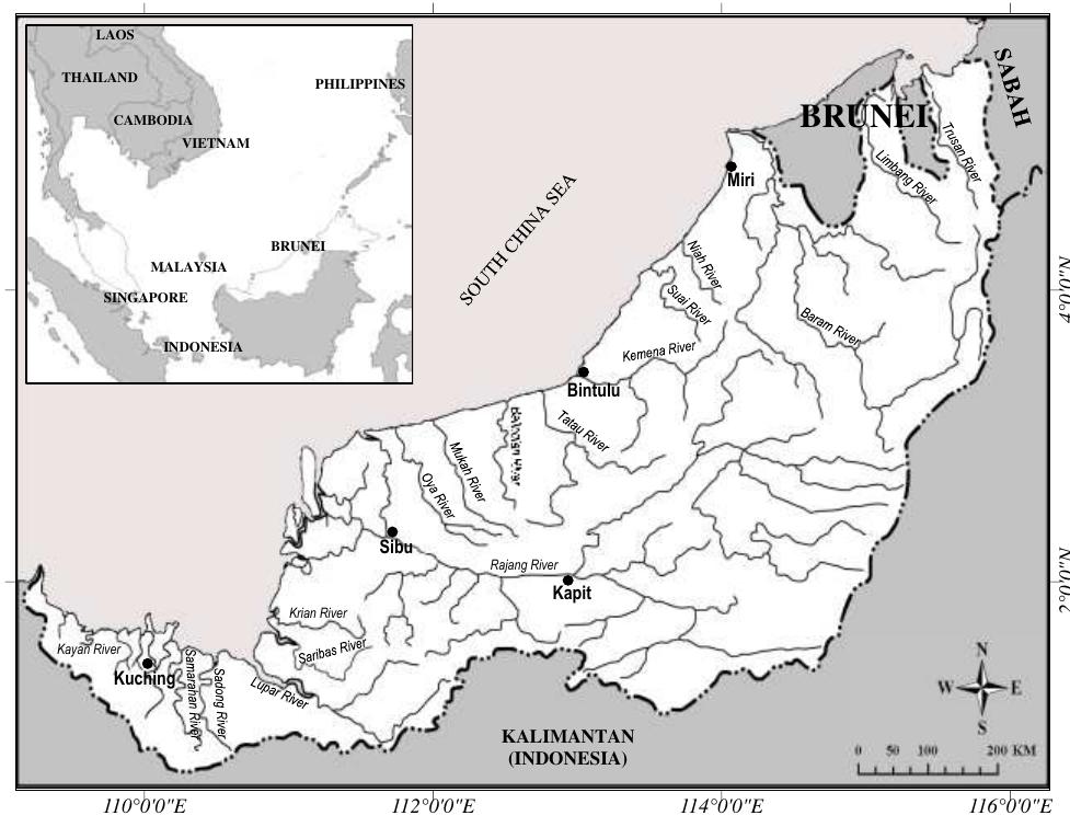 Map showing major rivers in sarawak. as the largest state in