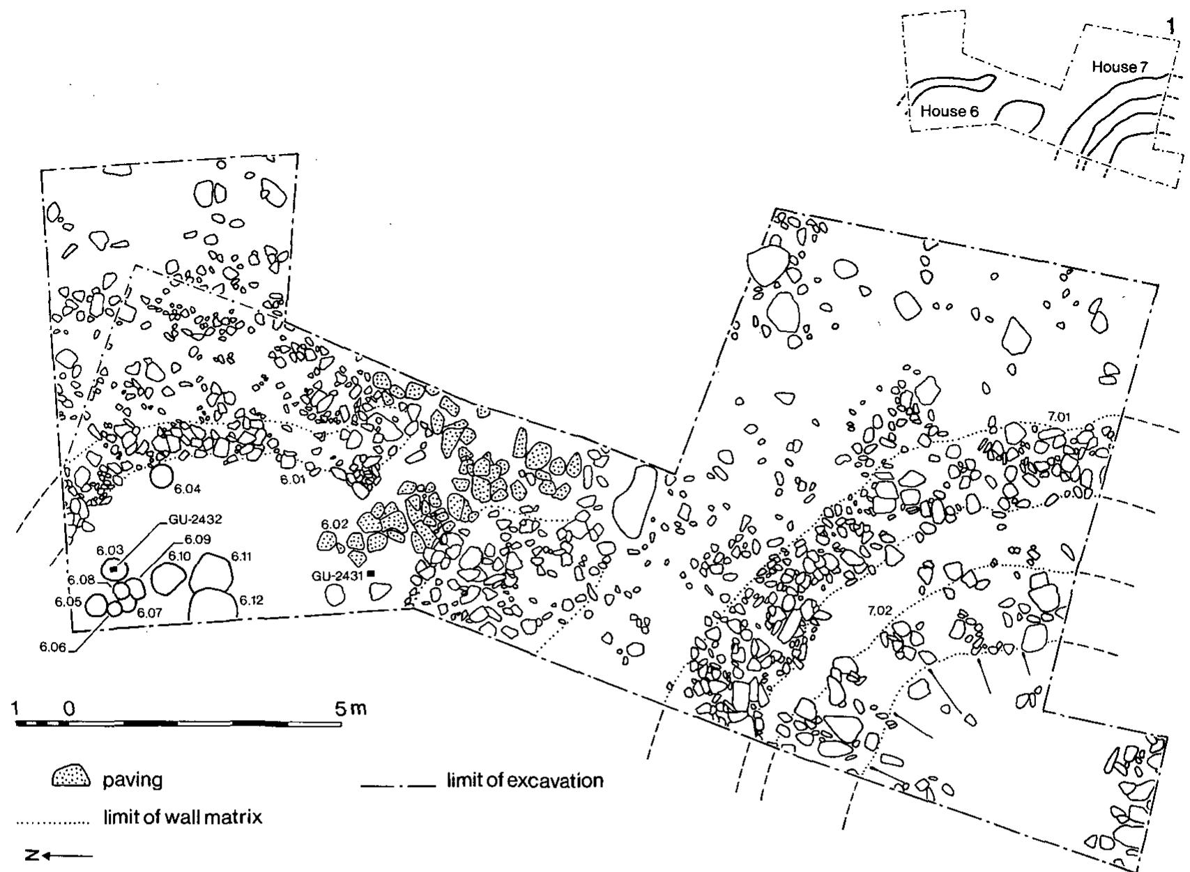 Itlus 15 area 4 plan; house 6 and house 7; inset 1 — diagram