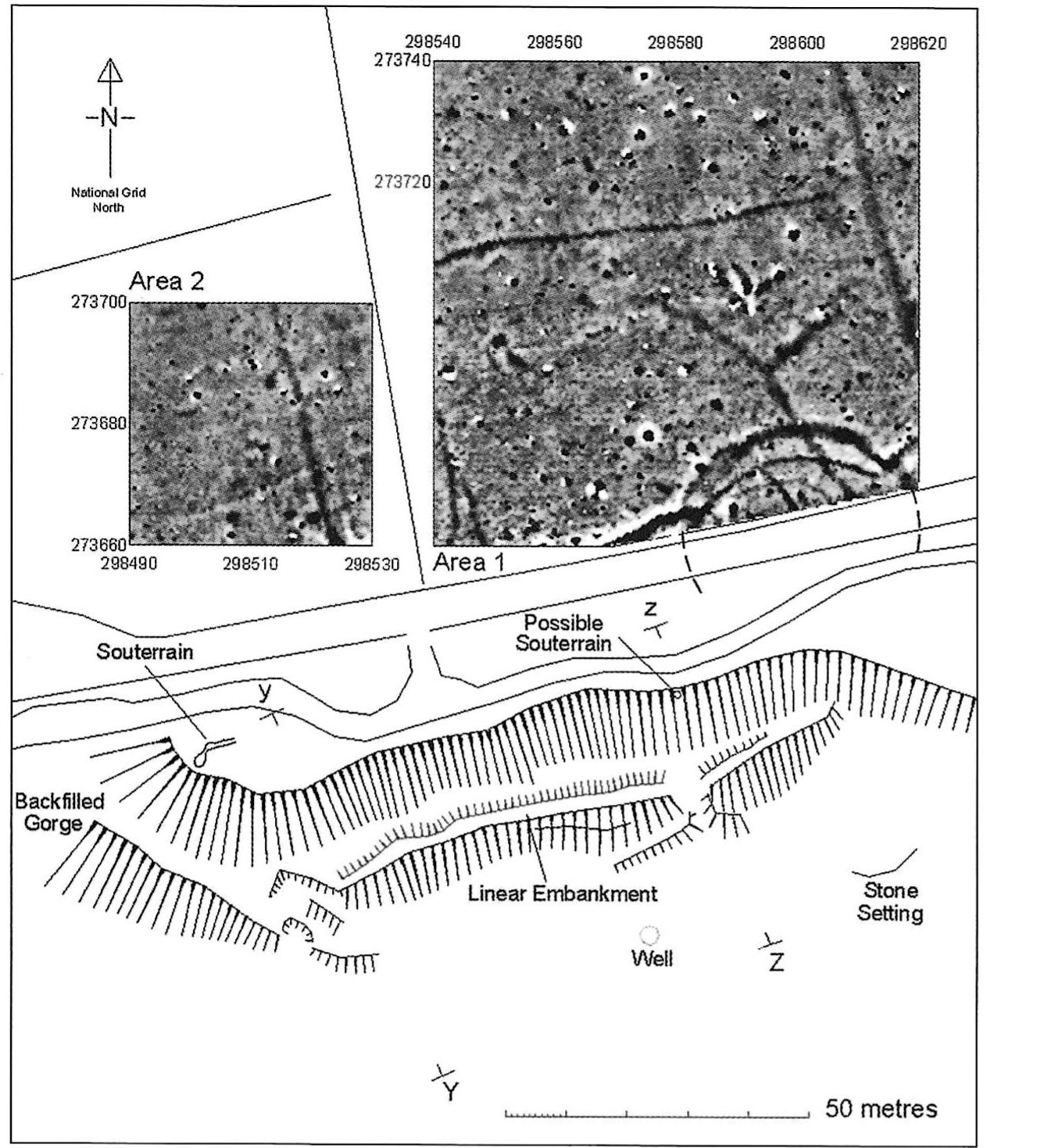 Line map overlaid with greyscale image of the gradiometry