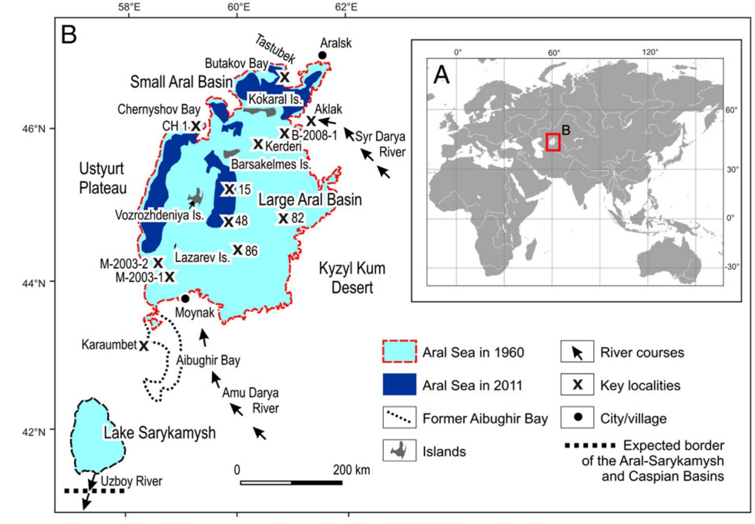 The position of the aral sea: a — overview map; b — location