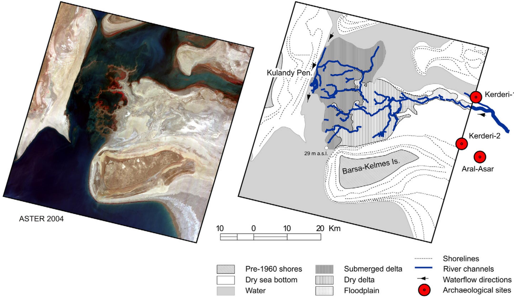 The 2004 aster satellite image (left panel) showing a part
