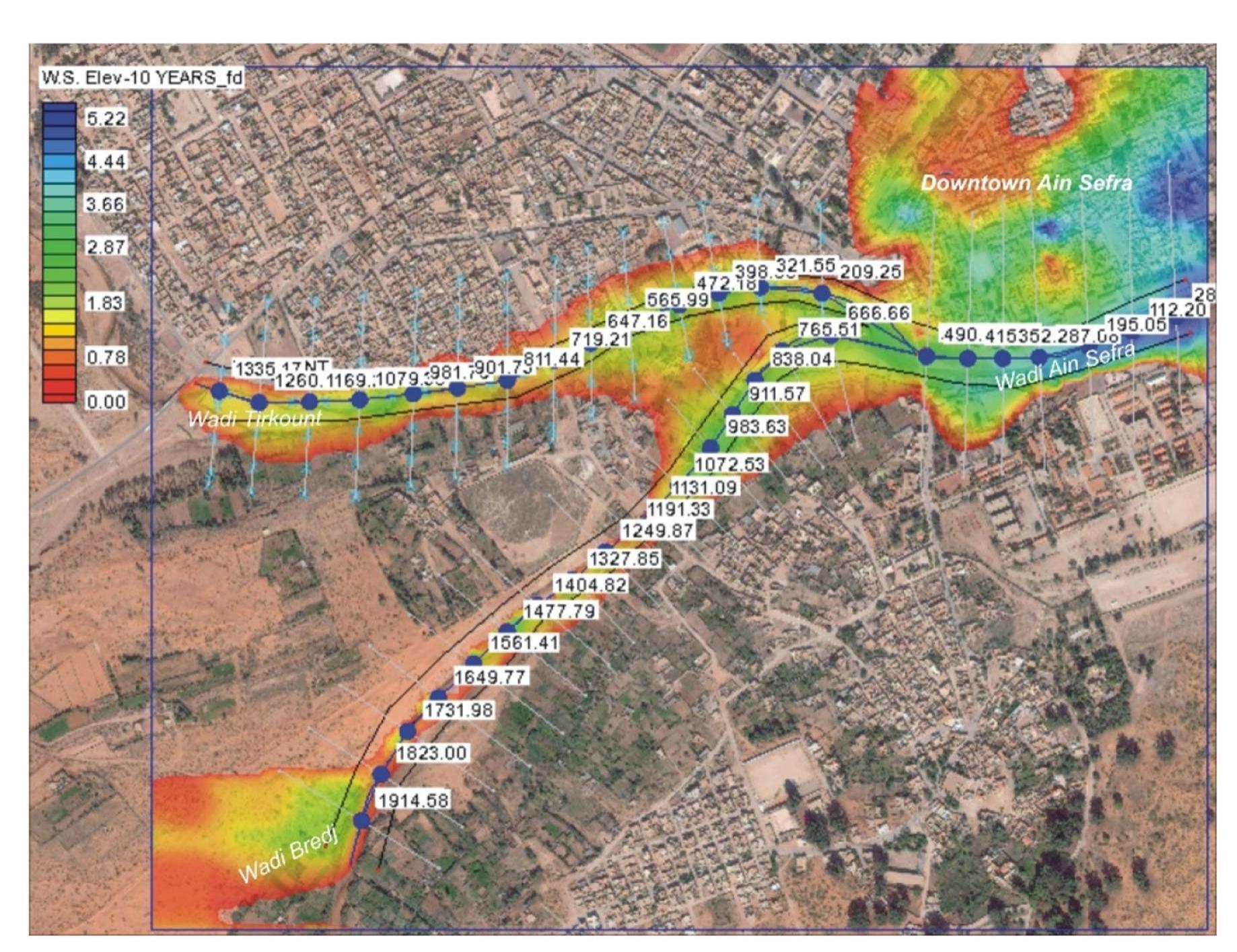 Flood inundation map in ain sefra city (return period 10