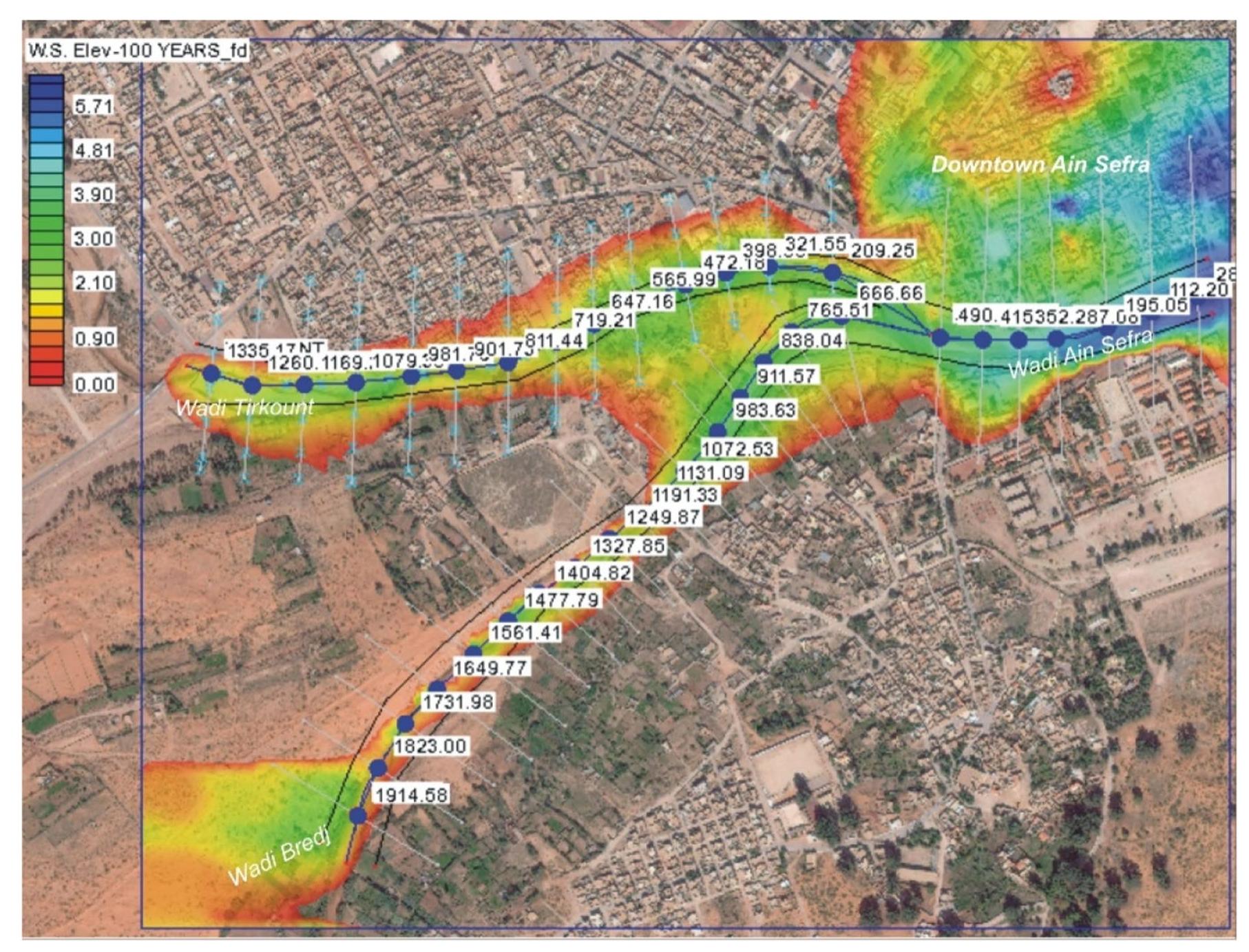 Flood inundation map in ain sefra city (return period 100