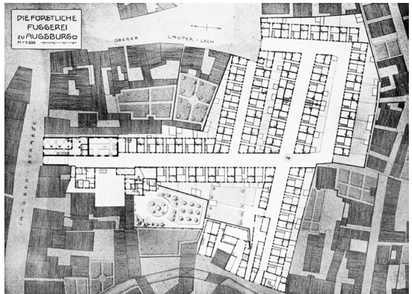 Plan of the fuggerei from 1909, based on the original plan