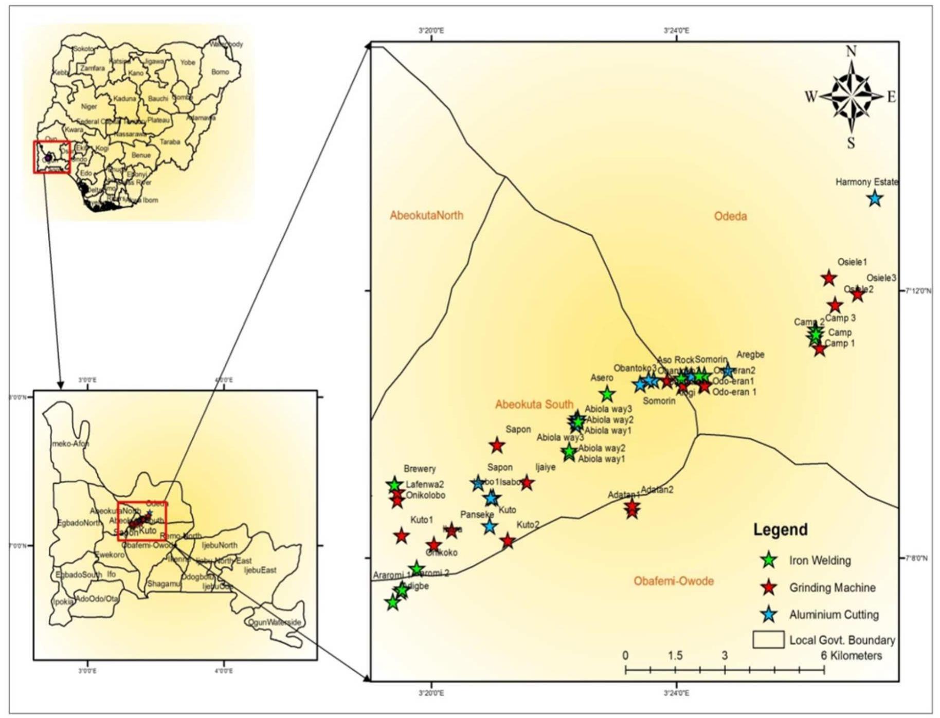 Map of the study area showing the sample sites in abeokuta,