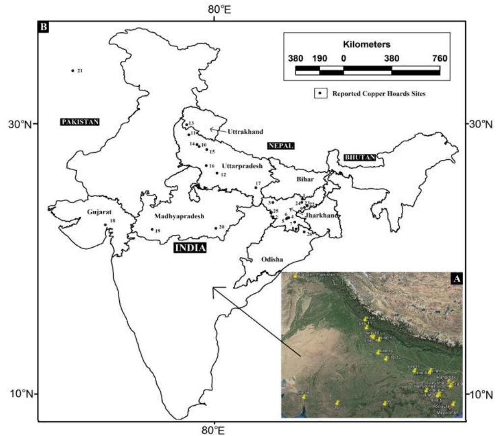The location map shows the reported copper hoards sites in